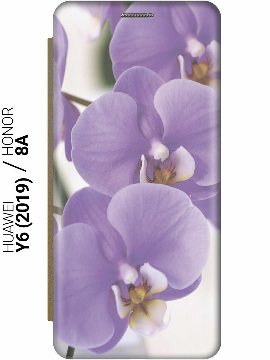 Чехол-книжка на Honor 8A, 8A Pro, Huawei Y6 (2019), Y6 Prime (2019), Хуавей Хонор 8а c принтом "Сиреневые орхидеи" золотистый