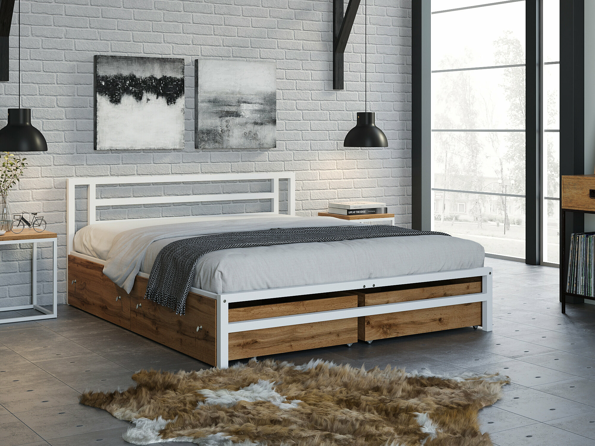 Двуспальная кровать Титан 160 Белая с ящиками Дуб крафт табак