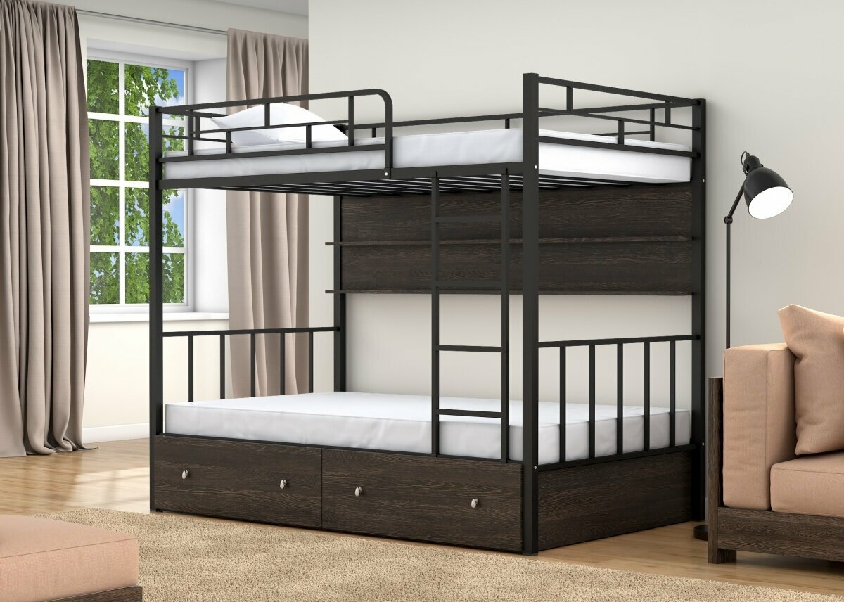 Двухъярусная кровать Валенсия 120 Черный ящики полка венге