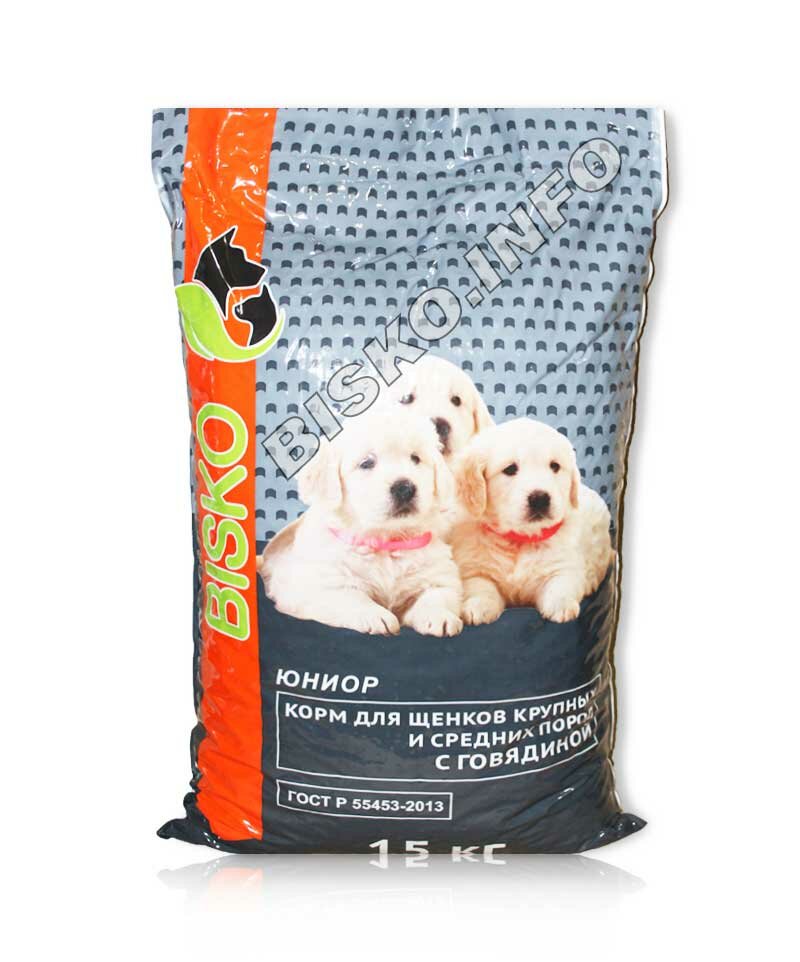 Сухой корм для собак Биско Bisko Юниор для щенков крупных и средних пород, 15 кг