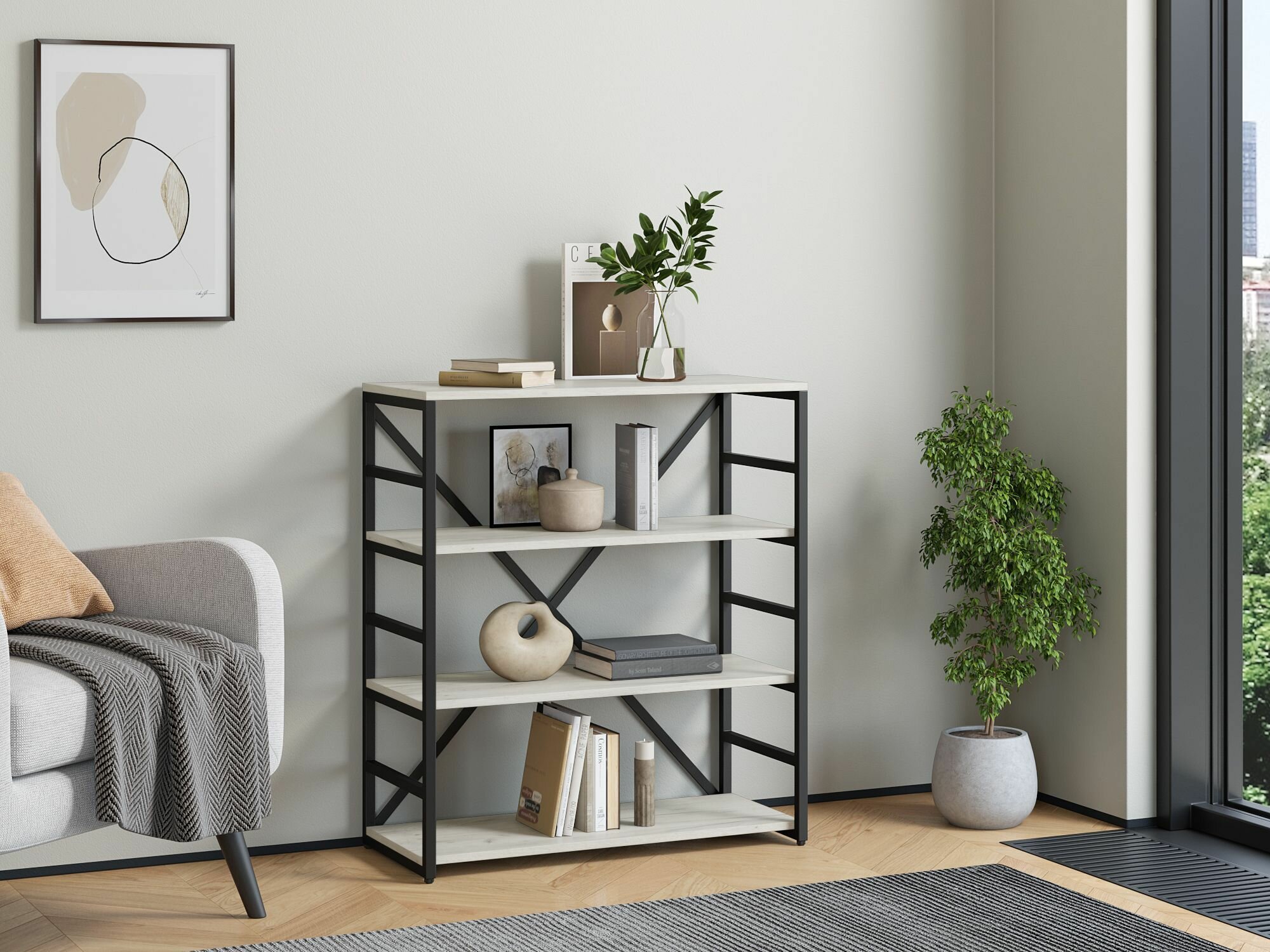 Стеллаж Айсберг Лофт 80/4-2 Черный/дуб крафт белый