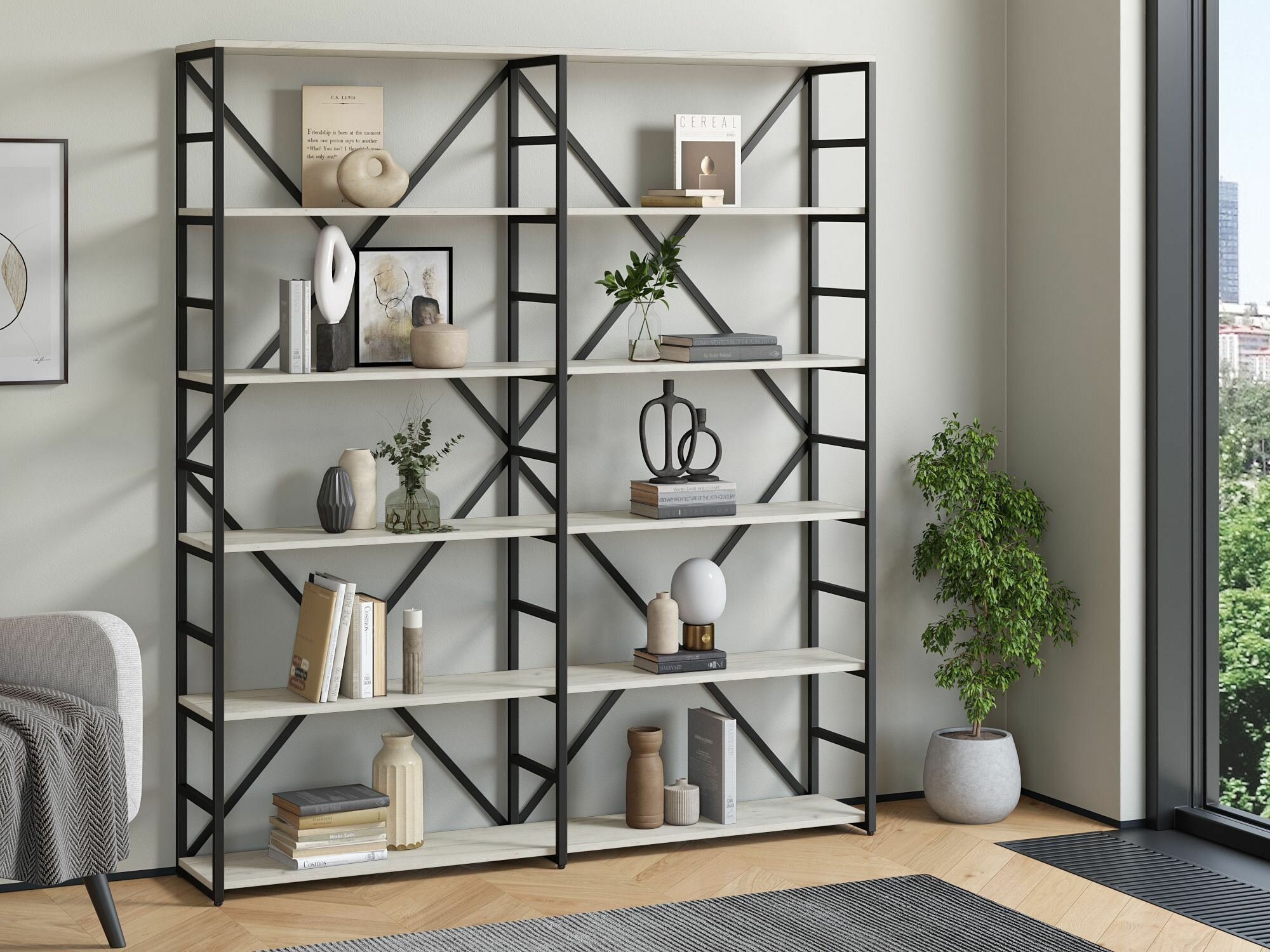 Стеллаж Айсберг Лофт 160/6-2 / Черный/ с полками дуб крафт белый/ Для дачи/ для дома/ для книг/ в офис