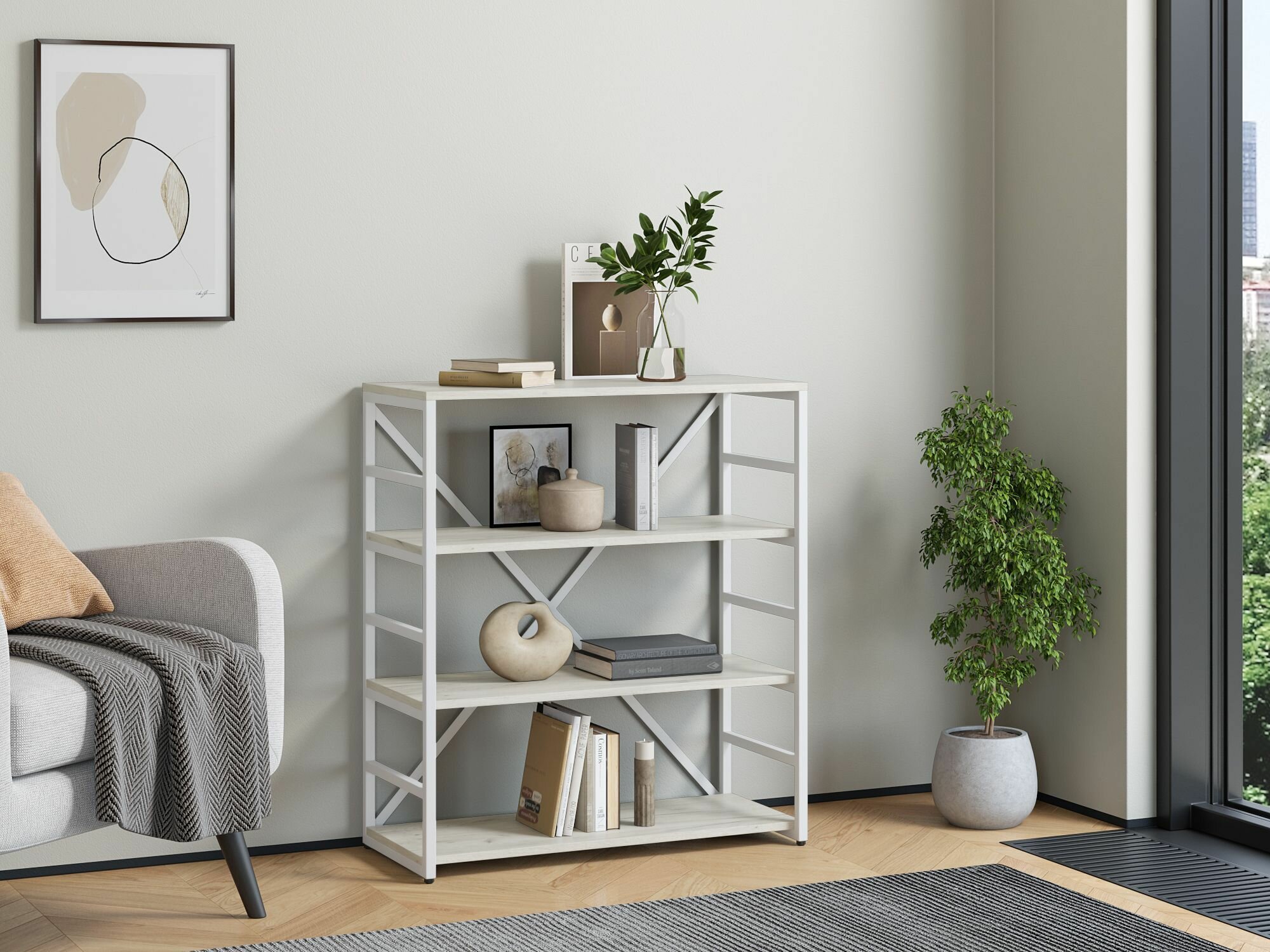 Стеллаж Айсберг Лофт 80/4-2 Белый/Дуб крафт белый