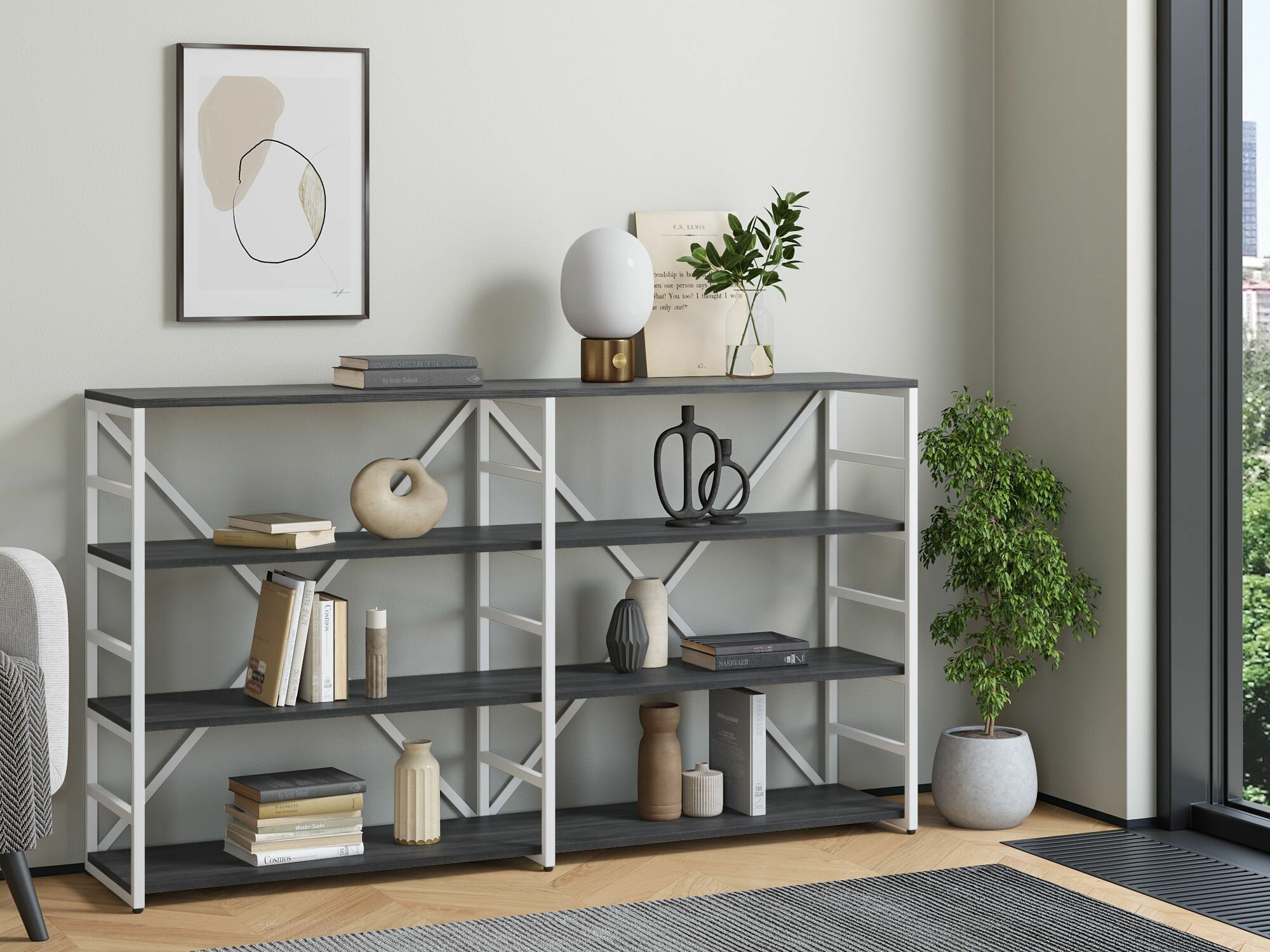 Стеллаж Айсберг Лофт 160/4-2 Белый с полками северное дерево темное