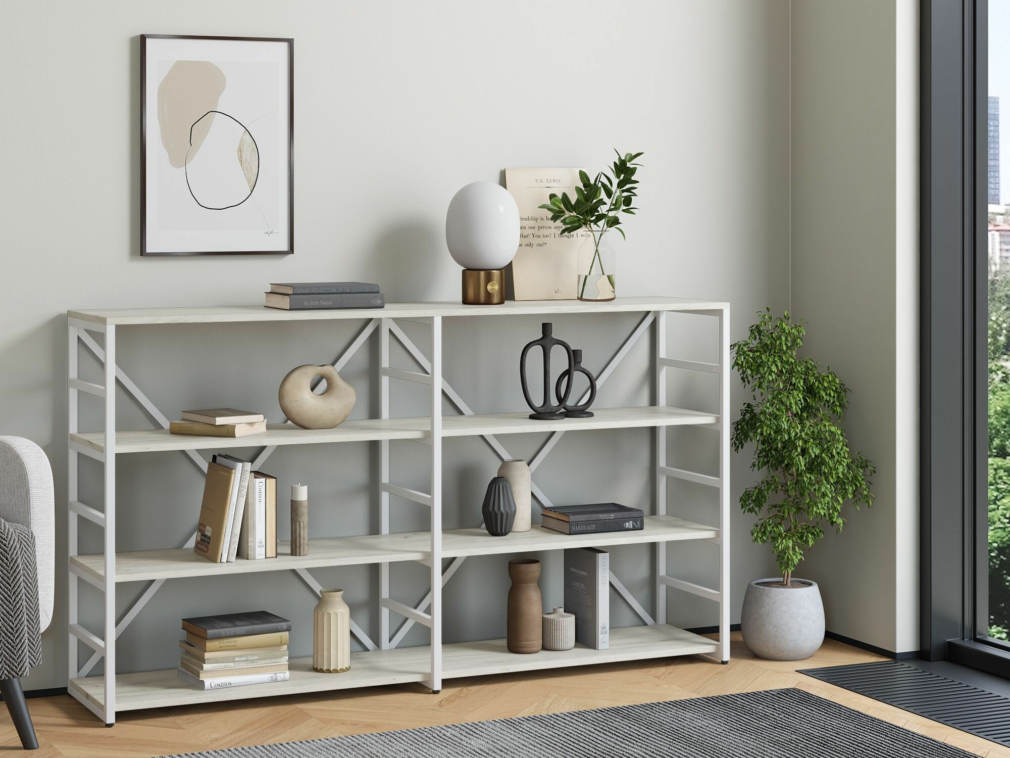 Стеллаж Айсберг Лофт 160/4-2 Белый с полками дуб крафт белый