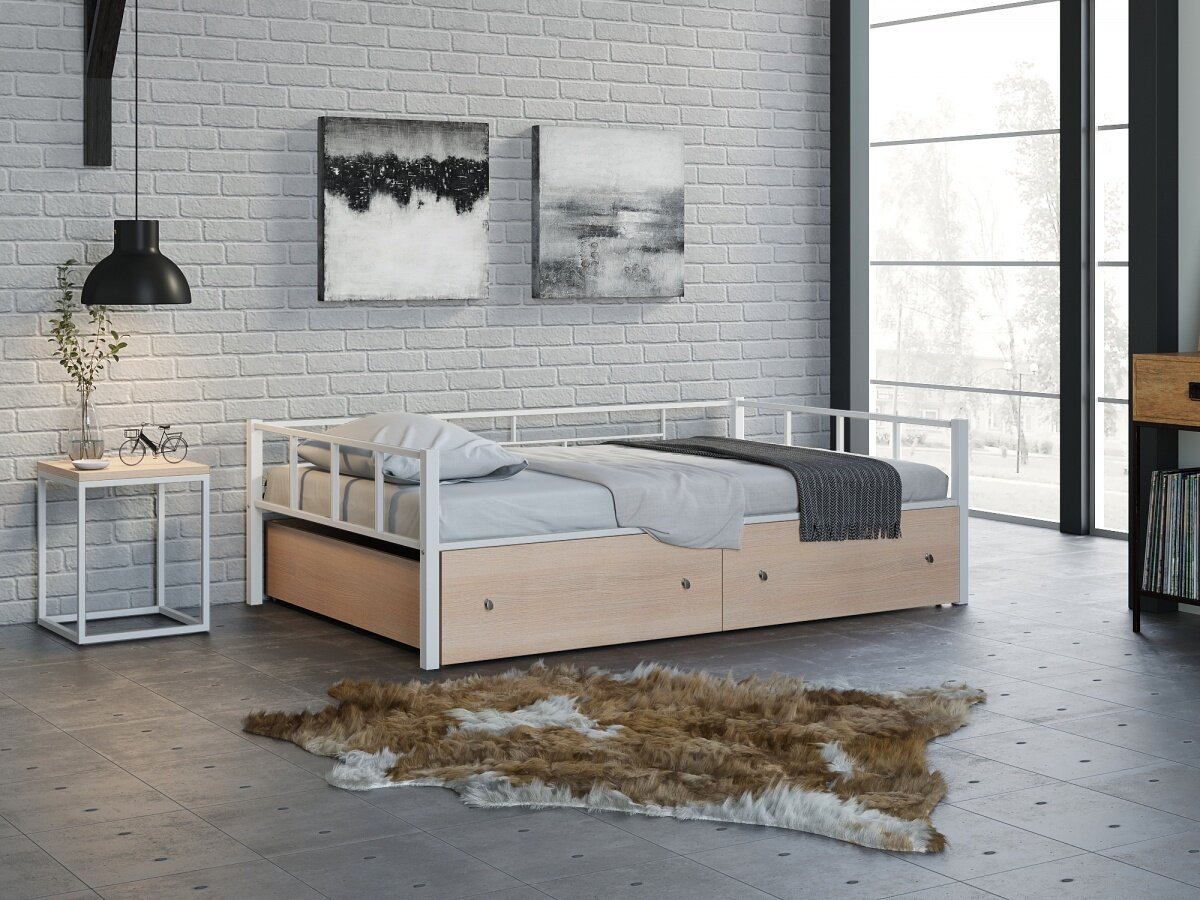 Кровать металлическая Арга 120х190 Белая с ящиками дуб молочный