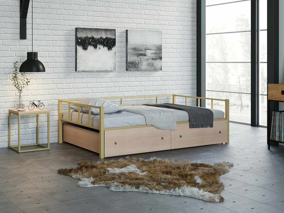 Кровать металлическая Арга 120х190 Слоновая кость с ящиками дуб молочный