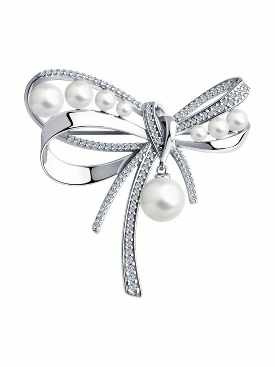 Брошь, серебро, 925 проба, родирование, жемчуг имитация