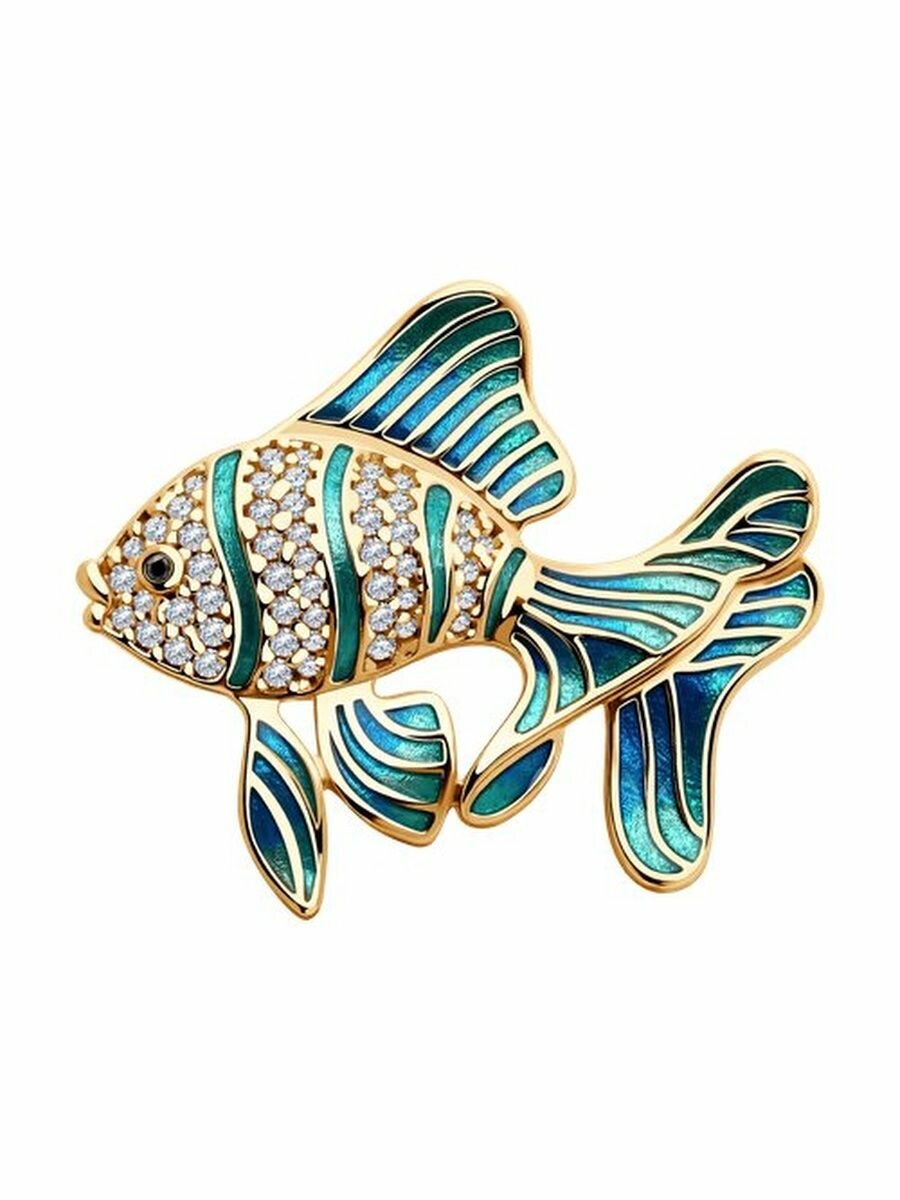 Брошь, серебро, 925 проба, золочение, фианит