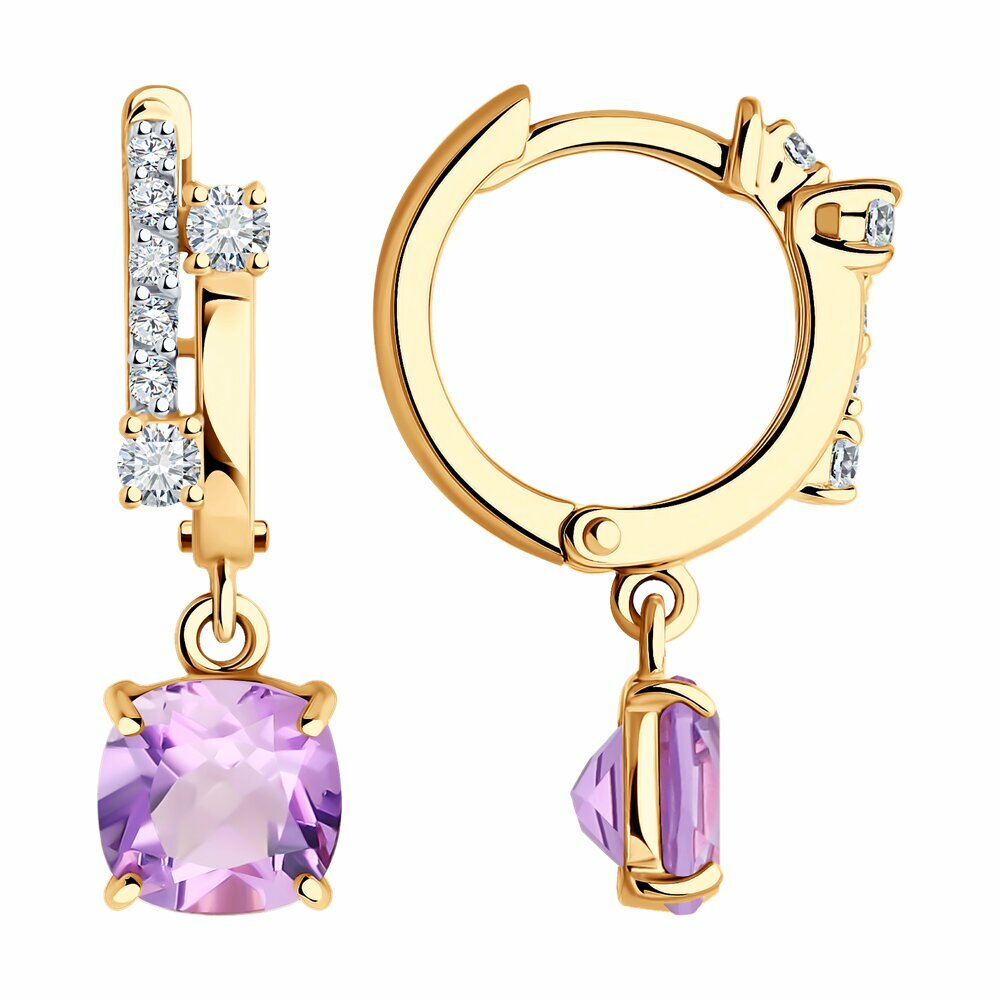 Серьги с подвесками, красное золото, 585 проба, аметист, фианит