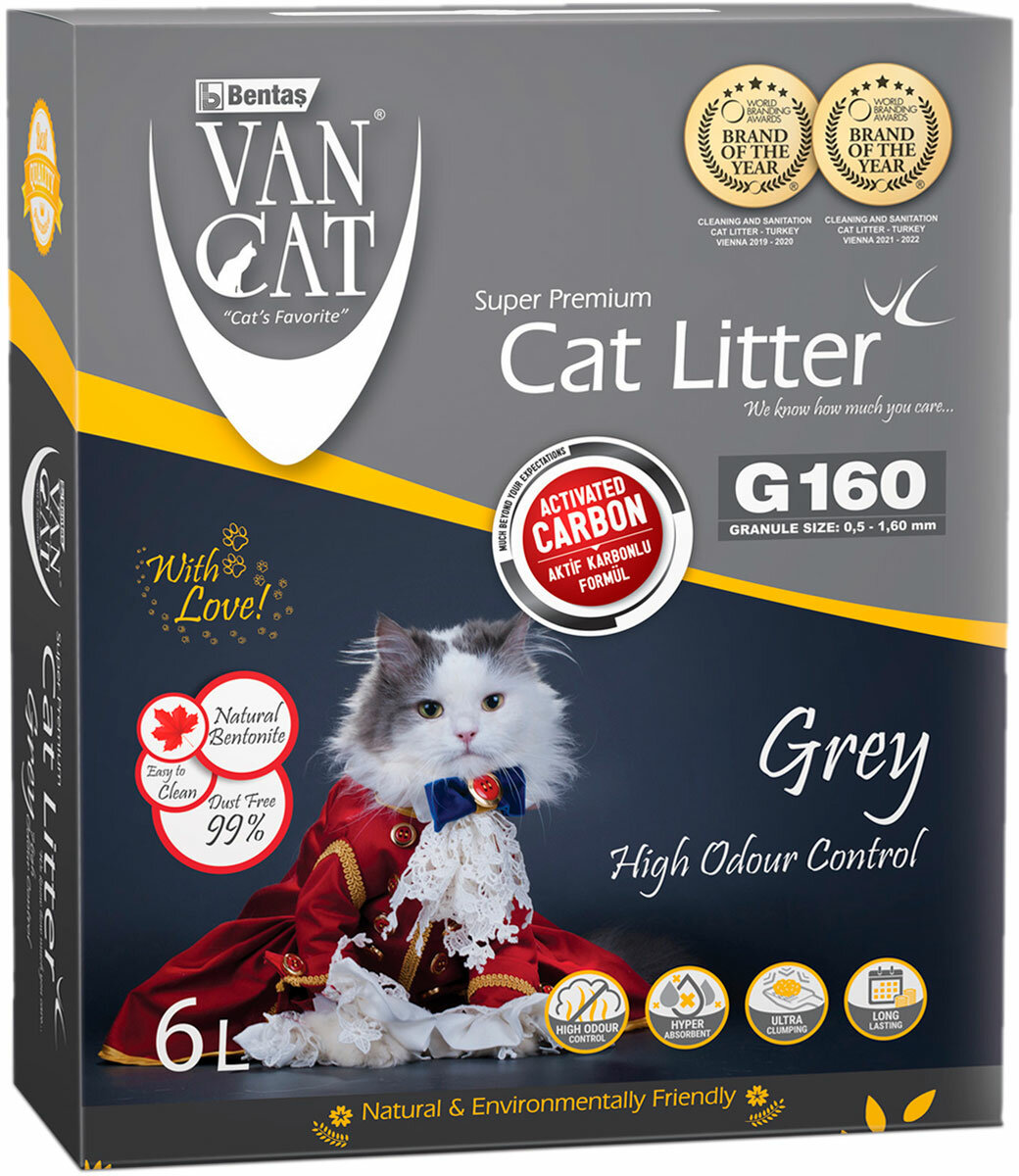 Van Cat Grey Комкующийся наполнитель с активированным углем, без пыли, 6 л, коробка
