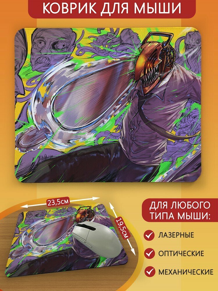 Коврик для мыши с принтом аниме человек бензопила (chainsaw man, почита, макима, пауэр, дэндзи, кобени) - 9244