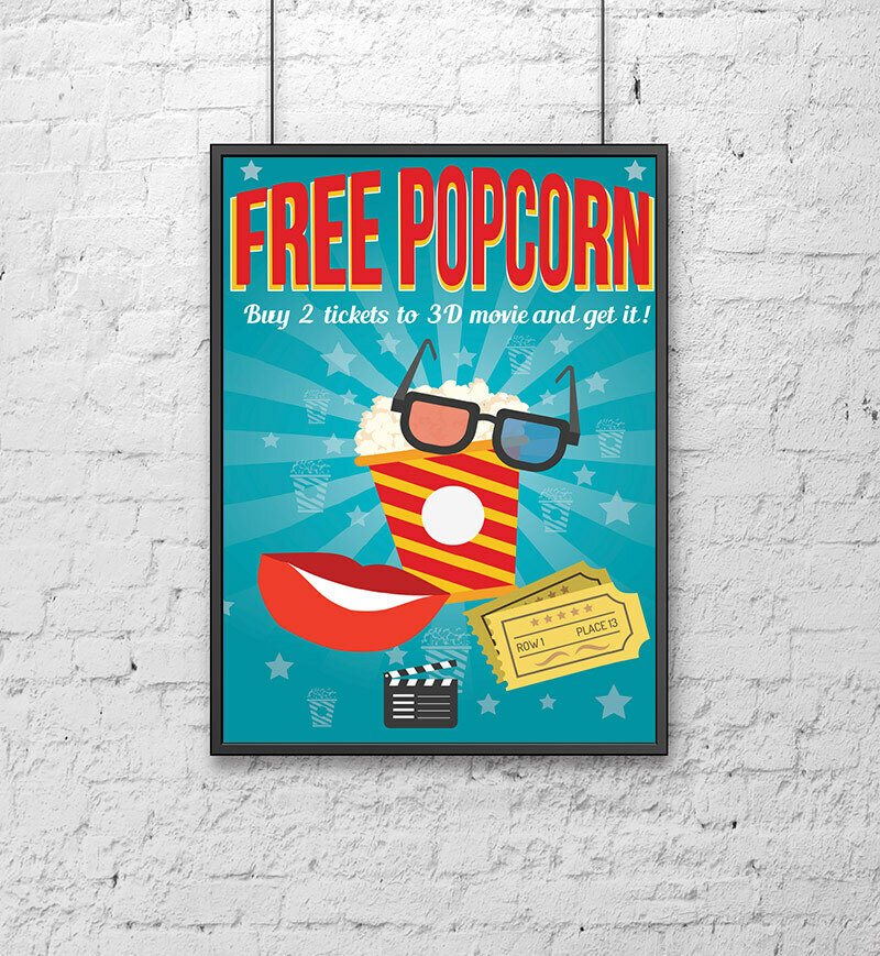 Постер для интерьера на стену (30х40 см). Кино ретро попкорн / постеры картины для интерьера, постеры для интерьера, постер на стену, картина на стену, картина на кухню, плакат