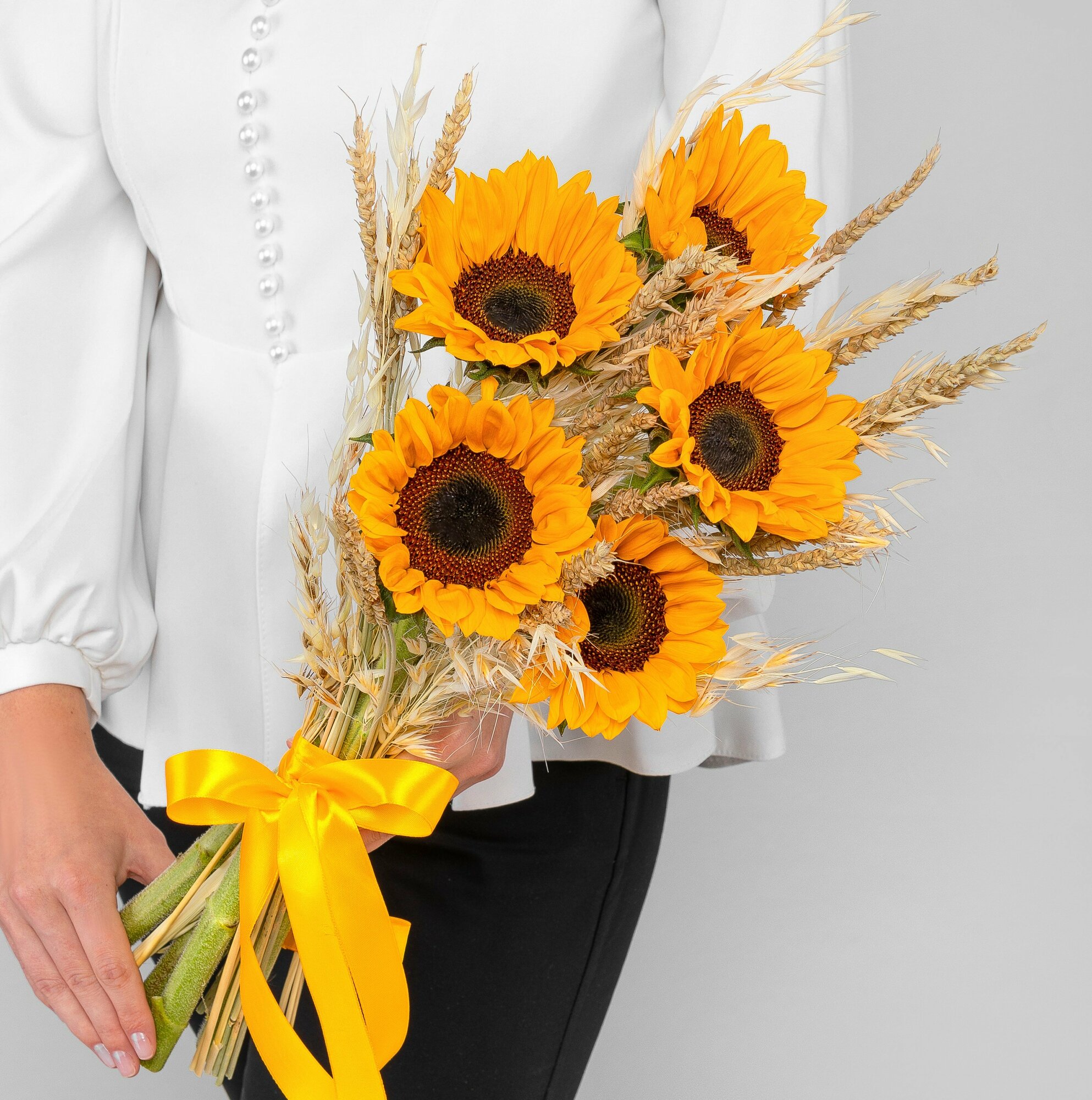 Дуо-букет Мегацветы24 "Полевой букет №1", подсолнухи и злаки, сборка под ленту