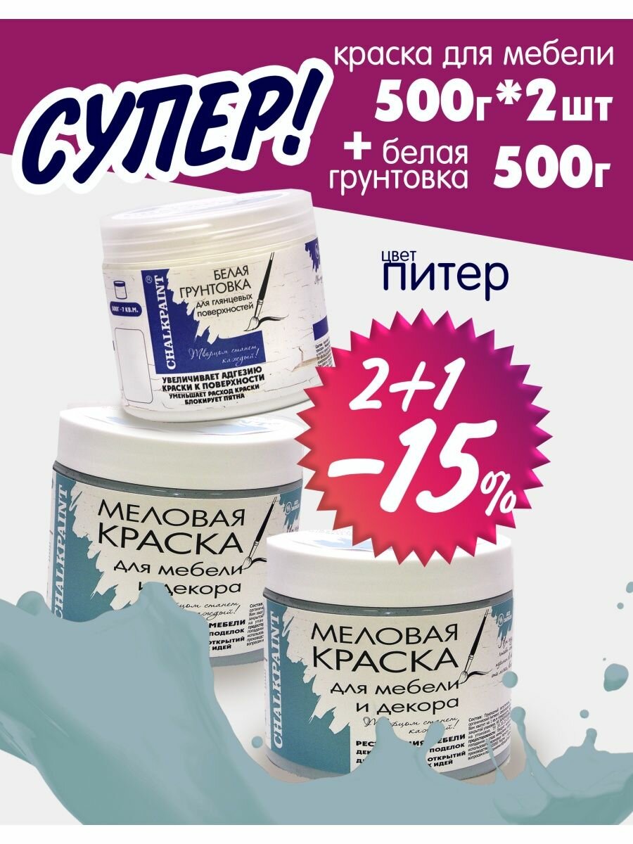 Краска Chalky Paint меловая для мебели 2х500 г, питер + грунт 500 г