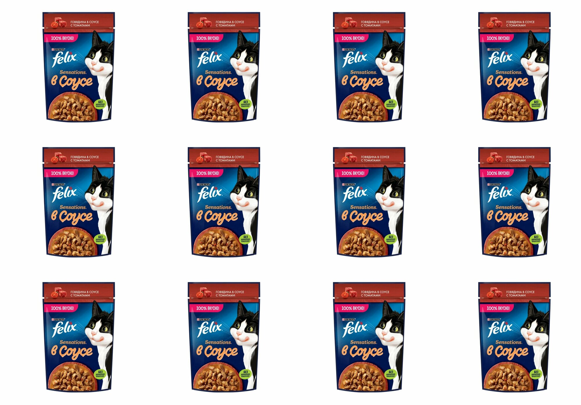 Felix влажный корм для кошек, Sensations, с говядиной в желе с томатами, 75 г, 12 шт