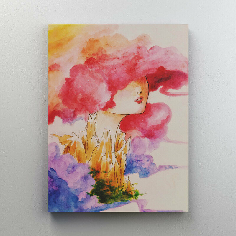 Интерьерная картина на холсте "Акварельная живопись - девушка в розовой дымке" размер 22x30 см