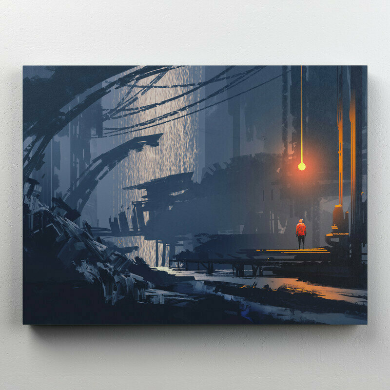 Интерьерная картина на холсте "Человек в разрушенной лаборатории. где горит одна лампочка" размер 60x45 см