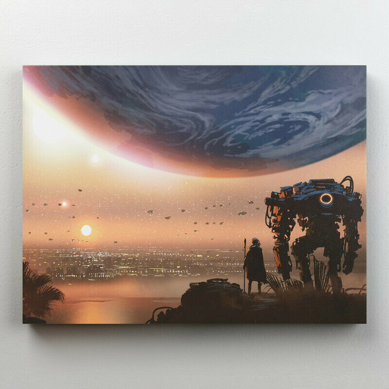 Интерьерная картина на холсте "Человек со своим роботом на планете федерации" размер 40x30 см