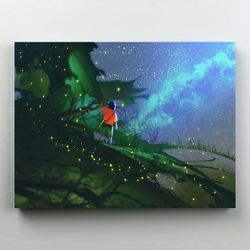 Интерьерная картина на холсте "Арт - мальчик на лугу ночью наблюдает за светлячками" размер 30x22 см