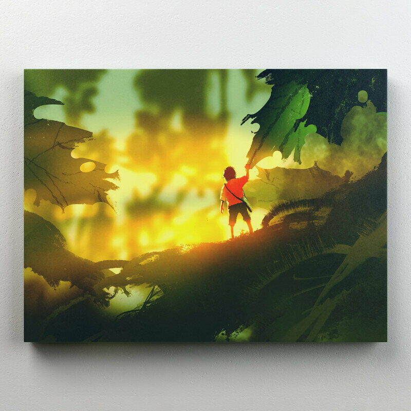 Интерьерная картина на холсте "Маленький мальчик прячется в листве дерева" размер 30x22 см