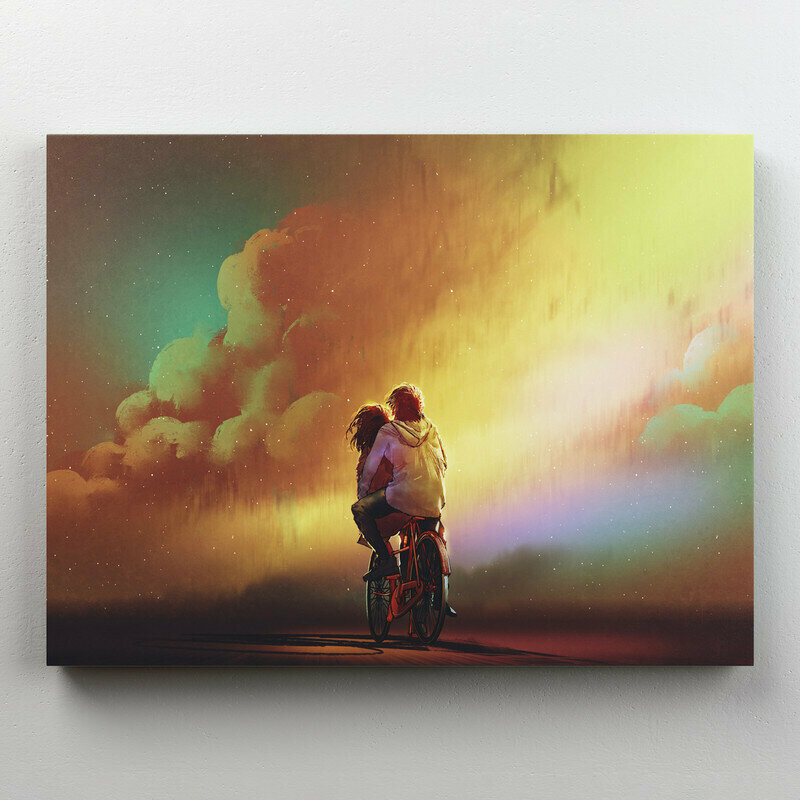 Интерьерная картина на холсте "Друзья катаются на велосипеде на фоне звездного неба" размер 40x30 см