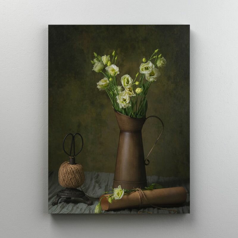 Интерьерная картина на холсте "Натюрморт - букет в металлическом кувшине" размер 45x60 см