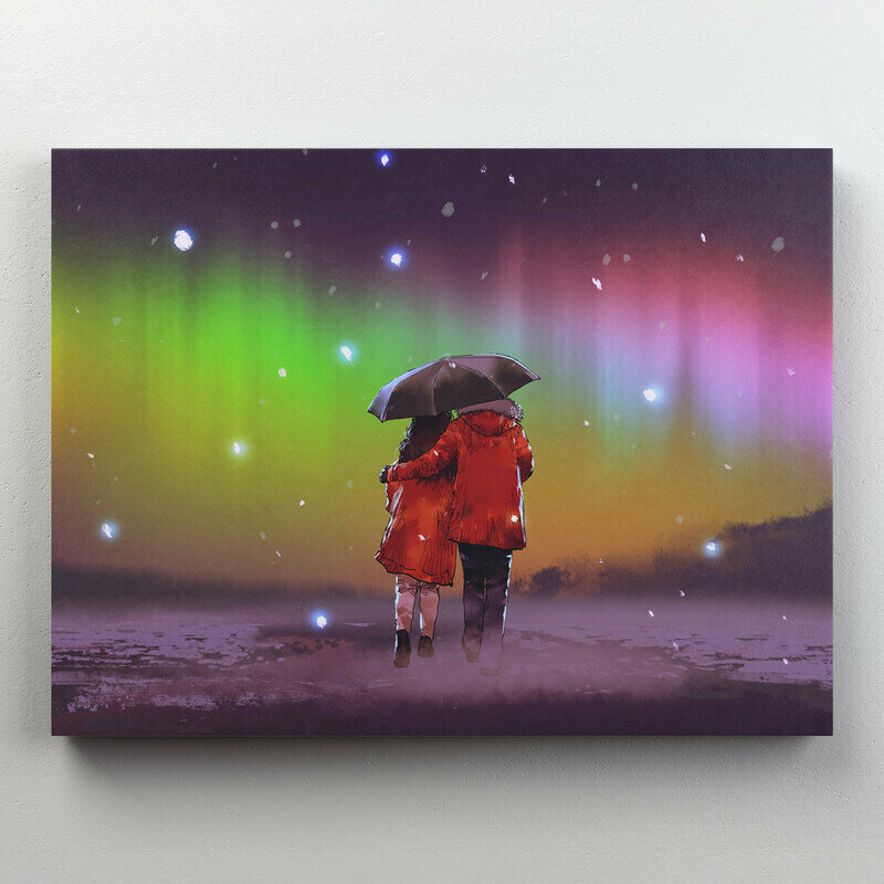 Интерьерная картина на холсте "Влюбленные гуляют под зонтиком на фоне северного сияния" размер 40x30 см