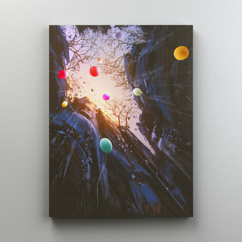 Интерьерная картина на холсте "Цветные воздушные шарики, парящие в небе в окружении скал" размер 22x30 см