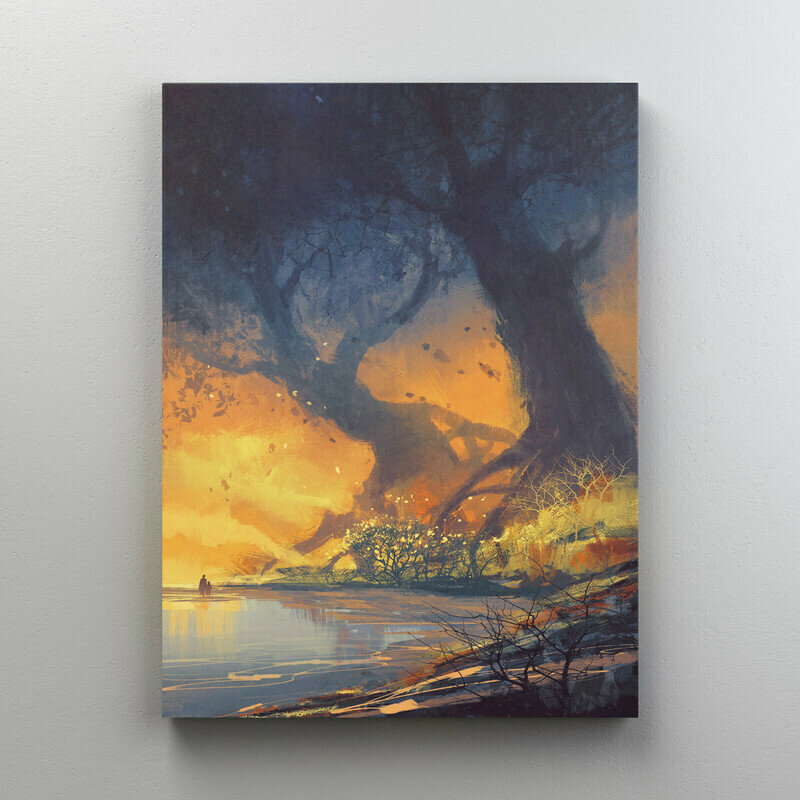 Интерьерная картина на холсте "Большие деревья на закате у озера" размер 22x30 см