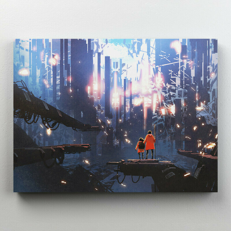 Интерьерная картина на холсте "Отец и дочка в зазеркальном мире" размер 30x22 см