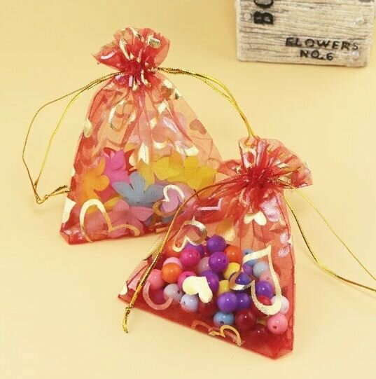 Мешочки из Органзы Подарочный Красный цвет "Сердечки" набор из 5 шт