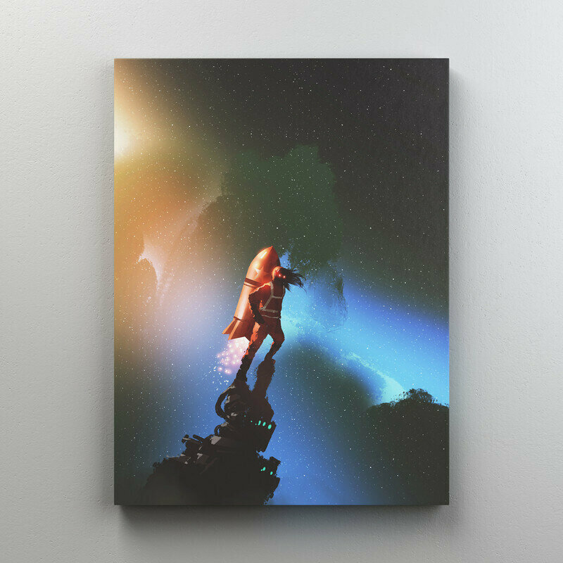 Интерьерная картина на холсте "Космонавт с красной ракетой реактивного ранца на фоне звездного неба" размер 30x40 см