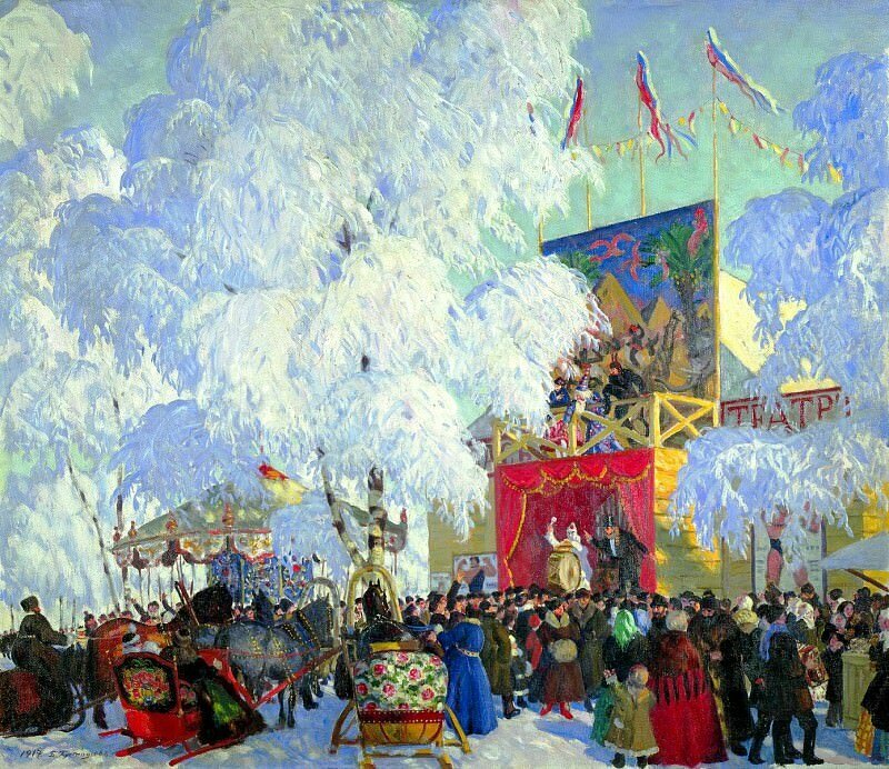 "Балаганы", Кустодиев Борис Михайлович, картина (репродукция) (40х35 см / на подрамнике)