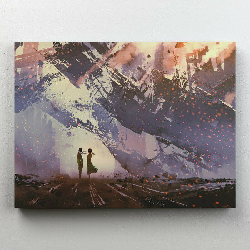 Интерьерная картина на холсте "Парень и девушка на фоне падающих небоскребов" размер 40x30 см