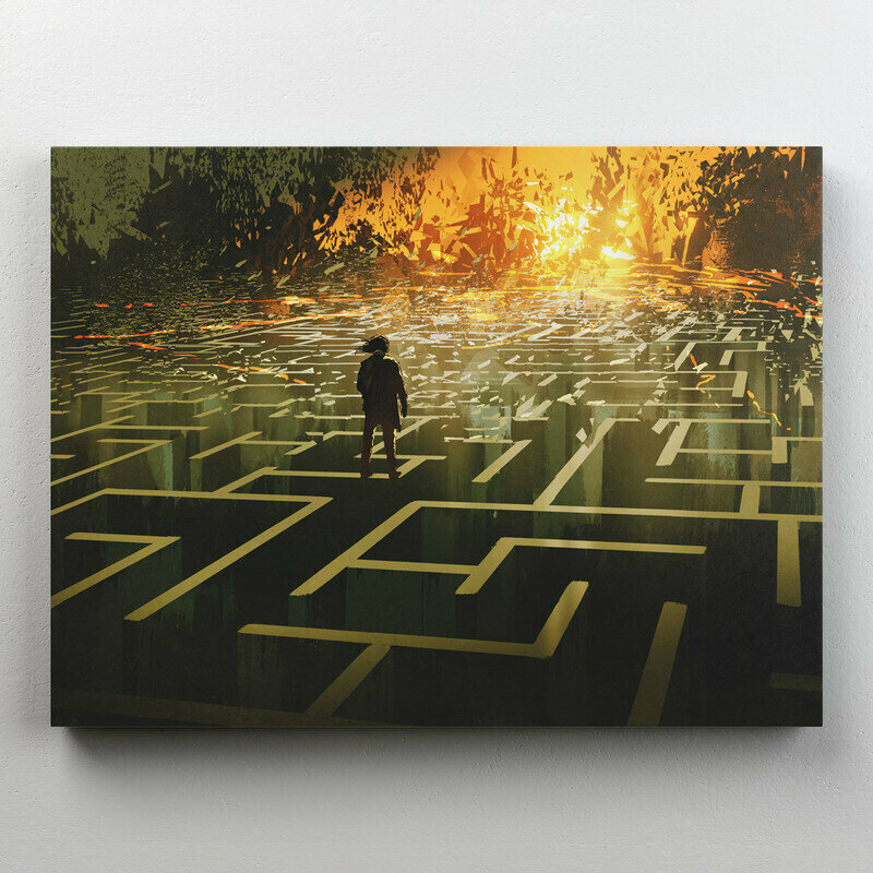 Интерьерная картина на холсте "Человек наблюдает за разрушением лабиринта" размер 60x45 см