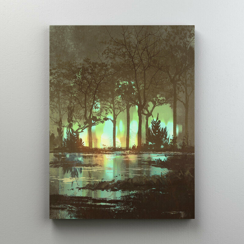 Интерьерная картина на холсте "Деревья на фоне сияния" размер 22x30 см