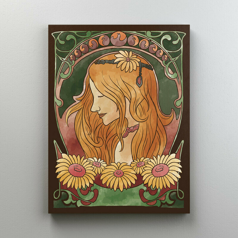 Интерьерная картина на холсте "Винтажный постер - портрет девушки в ромашках" размер 22x30 см