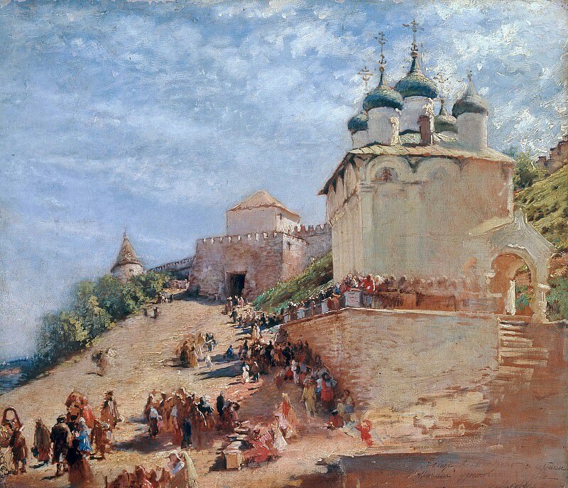 Картина для интерьера "Ивановский спуск у Нижегородского Кремля", художник Маковский Константин Егорович, печать на холсте (50х43 см / на подрамнике)