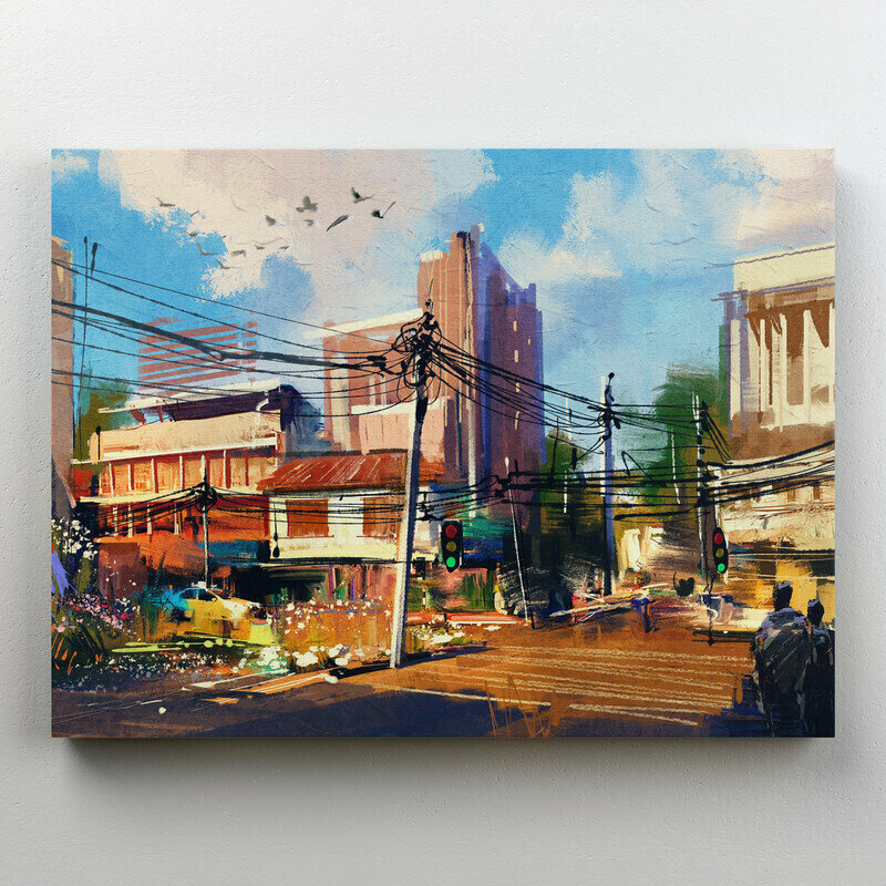 Интерьерная картина на холсте "Пастельная живопись - цветочная улица в городе" размер 40x30 см