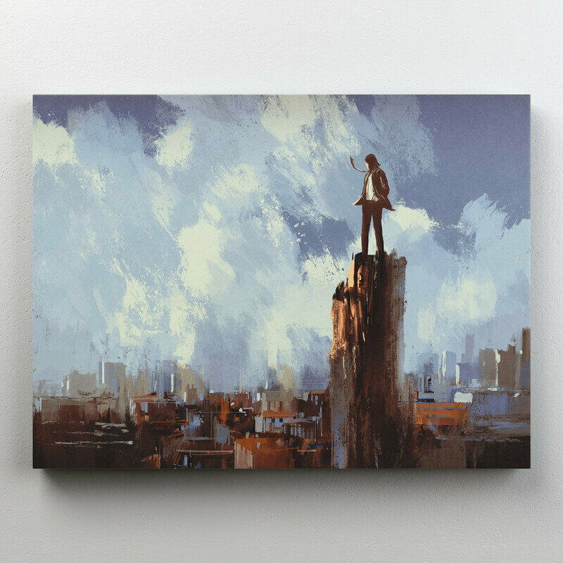 Интерьерная картина на холсте "Человек стоит на узкой скале и смотрит на город" размер 30x22 см