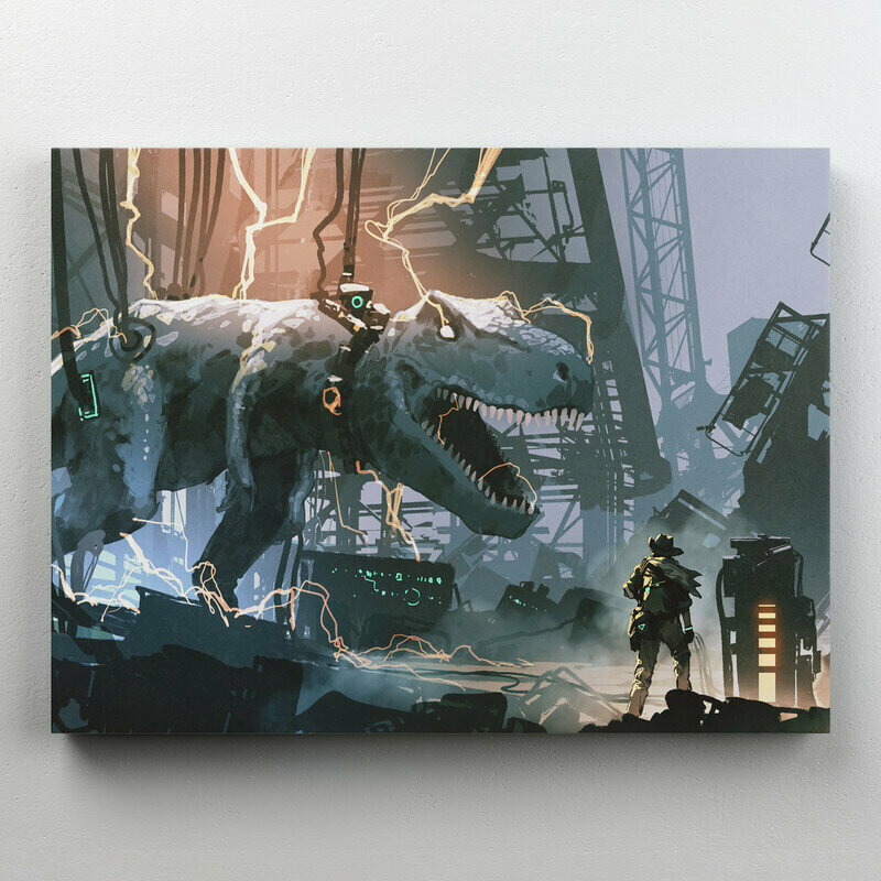 Интерьерная картина на холсте "Бионический динозавр и ковбой" размер 30x22 см