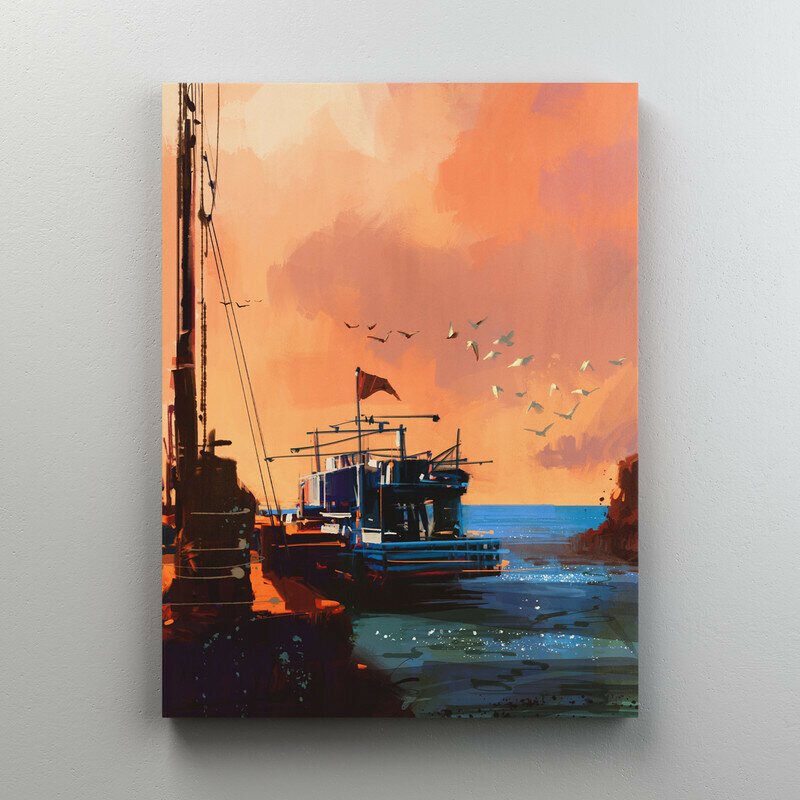 Интерьерная картина на холсте "Морское судно около пристани" размер 30x40 см