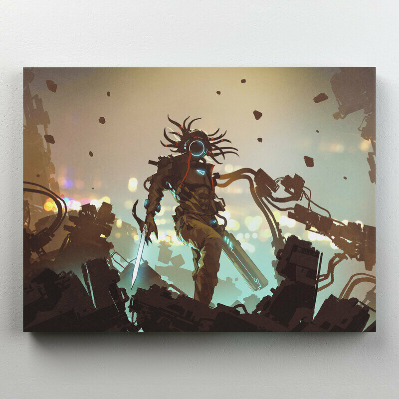 Интерьерная картина на холсте "Футуристический человек с высокотехнологичным оружием, стоящий на обломках" размер 40x30 см