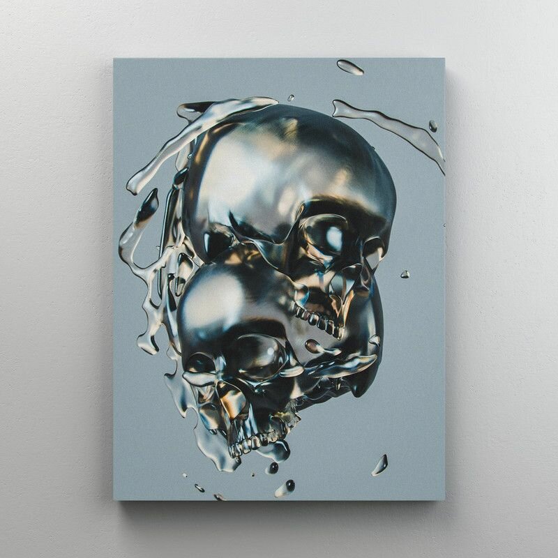 Интерьерная картина на холсте "Арт - черепа из жидкого метала" размер 45x60 см