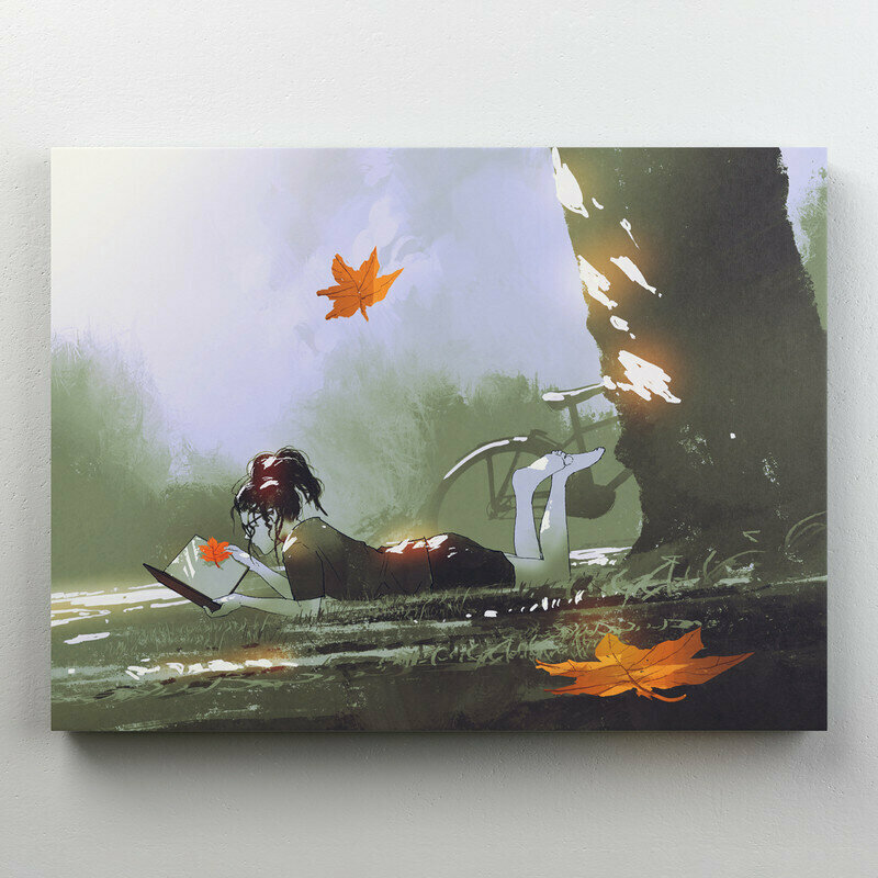 Интерьерная картина на холсте "Девушка читает книгу под кленом" размер 40x30 см