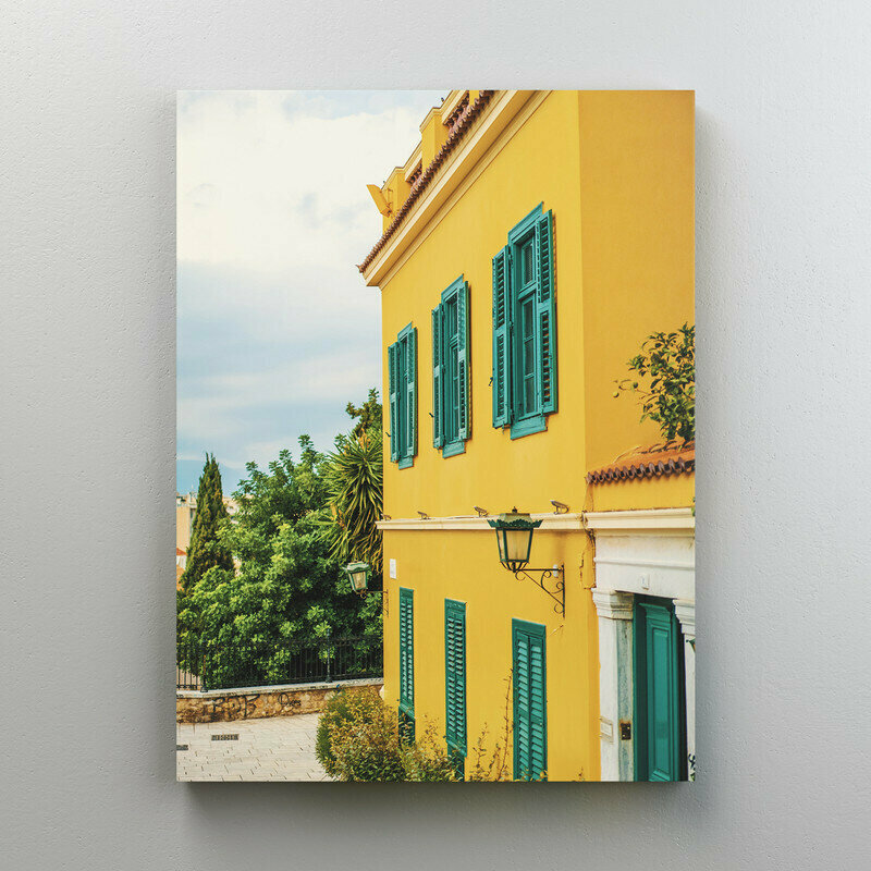 Интерьерная картина на холсте "Желтый дом в Греции", размер 22x30 см