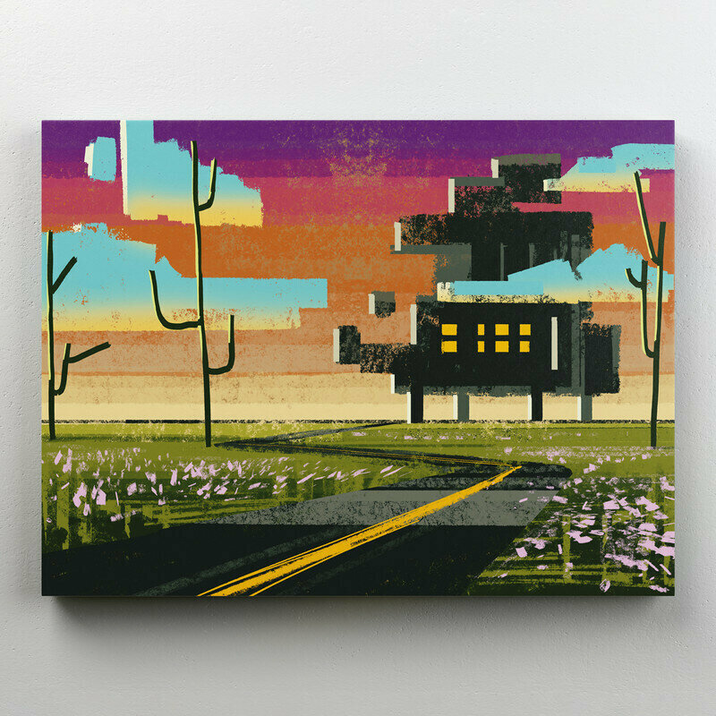 Интерьерная картина на холсте "Абстрактная живопись - пиксельный дом" размер 60x45 см