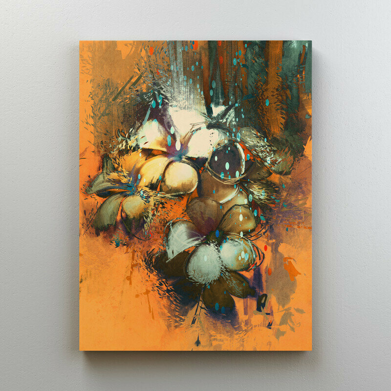 Интерьерная картина на холсте "Иллюстрация - белые плюмерии на оранжевом фоне" размер 22x30 см