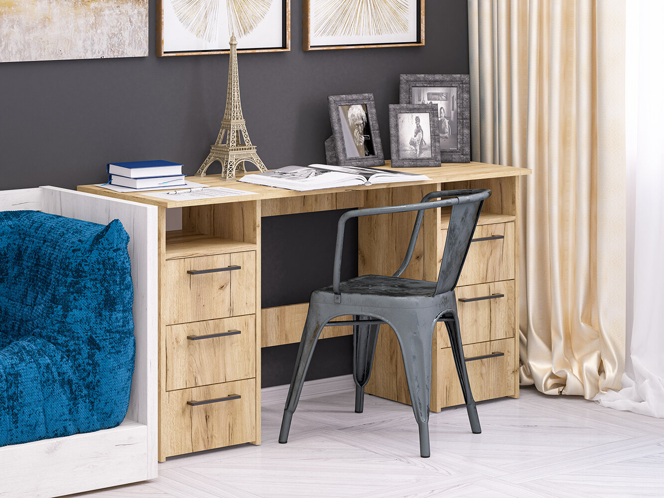 Стол письменный МК"Пирамида" Фронда-9, 6 ящиков, цвет крафт золотой, 75х140х50 см